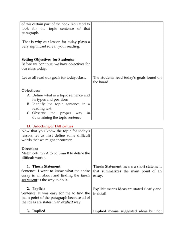 Detailed Lesson Plan (Reading and Writing) Topic Sentence | DOCX ...