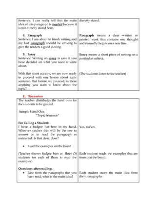 Detailed Lesson Plan (Reading and Writing) Topic Sentence | DOCX