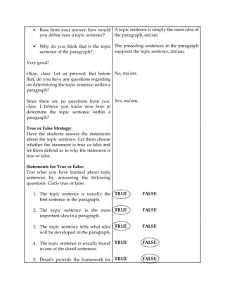 Detailed Lesson Plan (Reading and Writing) Topic Sentence | DOCX