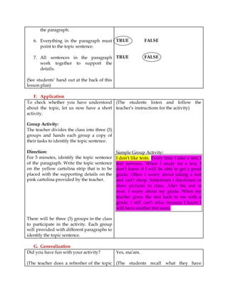 Detailed Lesson Plan (Reading and Writing) Topic Sentence | DOCX