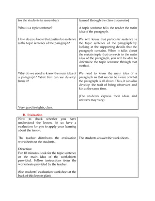 Detailed Lesson Plan (Reading and Writing) Topic Sentence | DOCX