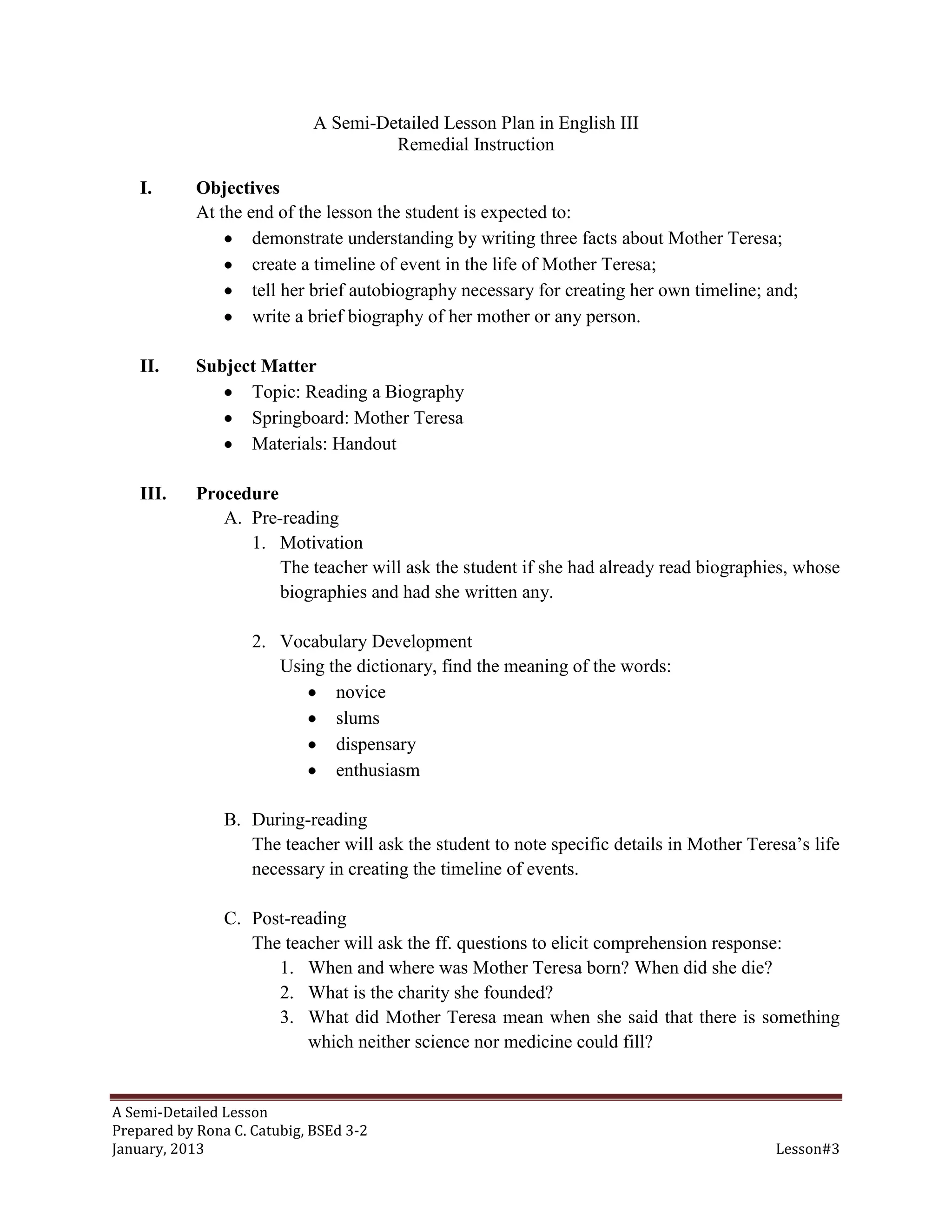 Semi-Detailed Lesson Plan on Reading a Biography | DOCX | Religion ...