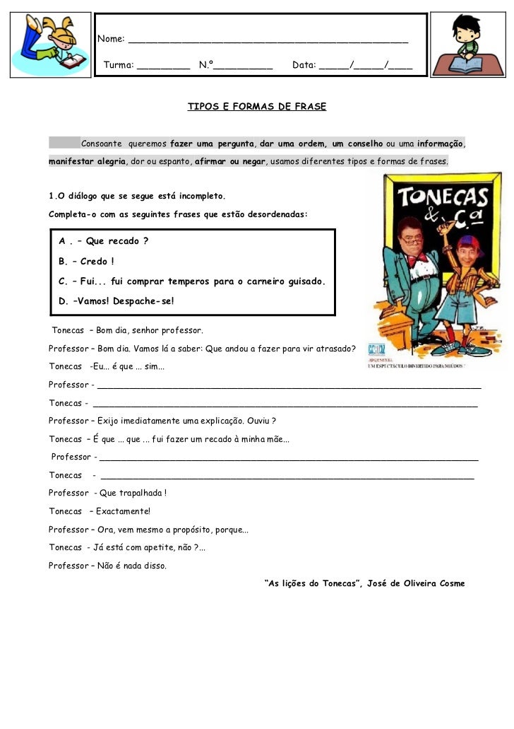 Tipos e Formas de Frase: Ficha de Trabalho