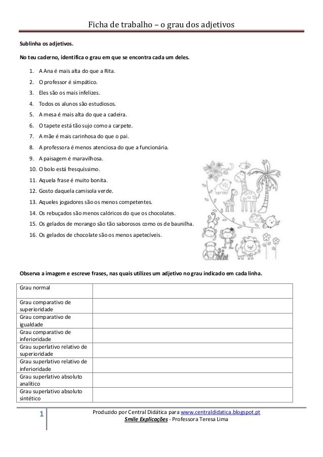Ficha de trabalho - grau dos adjetivos