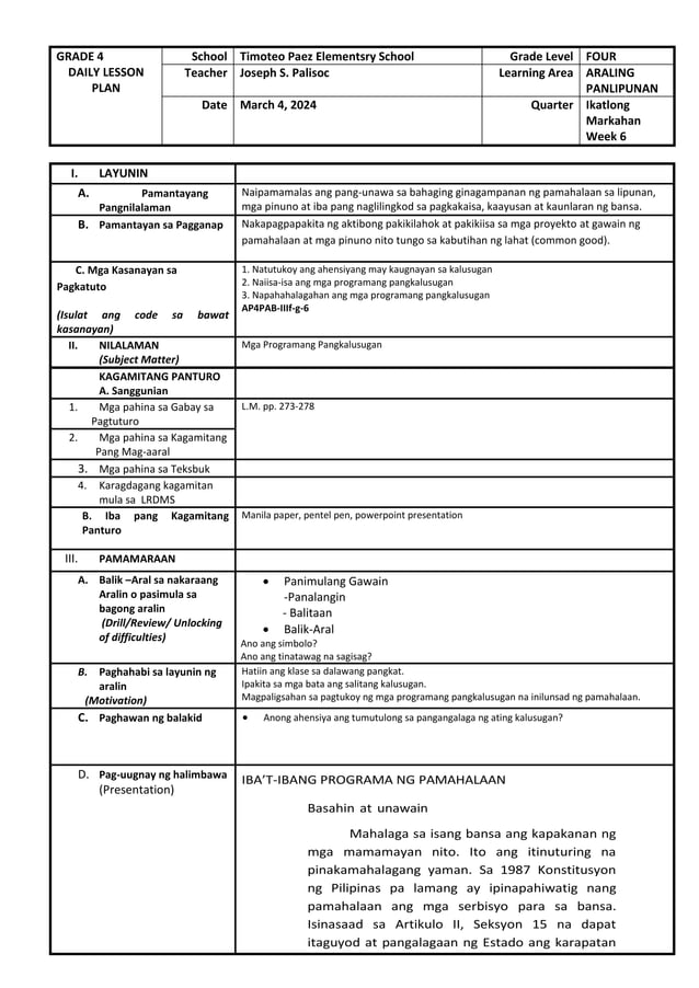 GRADE 4 LESSON PLANNING OF ARALING PANLIPUNAN | DOCX
