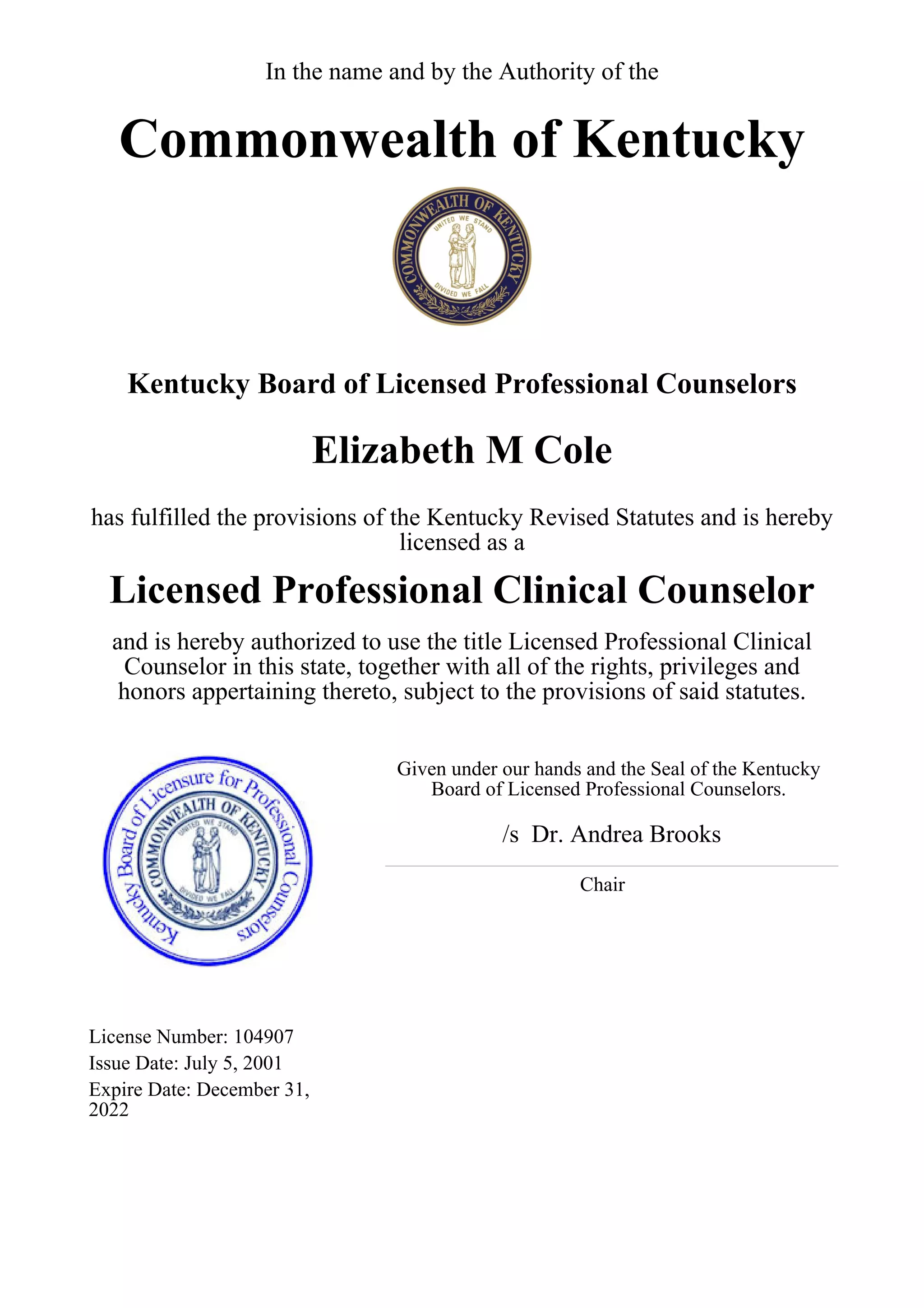 Elizabeth Cole LPCC | PDF