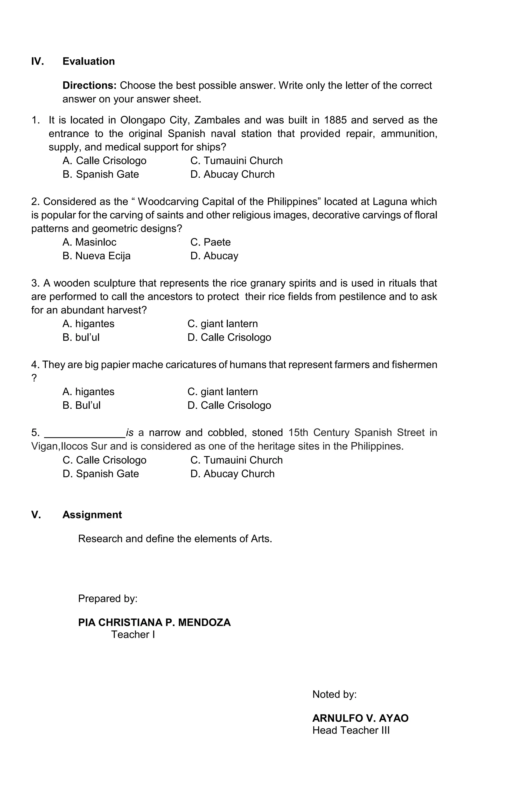 Lesson Plan for Demonstration Teaching Music, Art, Physical Education ...