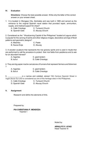 Lesson Plan for Demonstration Teaching Music, Art, Physical Education ...