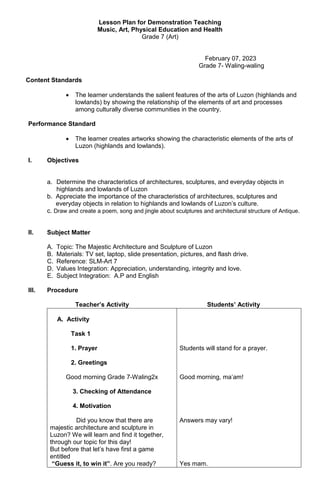 Lesson Plan for Demonstration Teaching Music, Art, Physical Education and Health Grade 7 (Art) | PDF