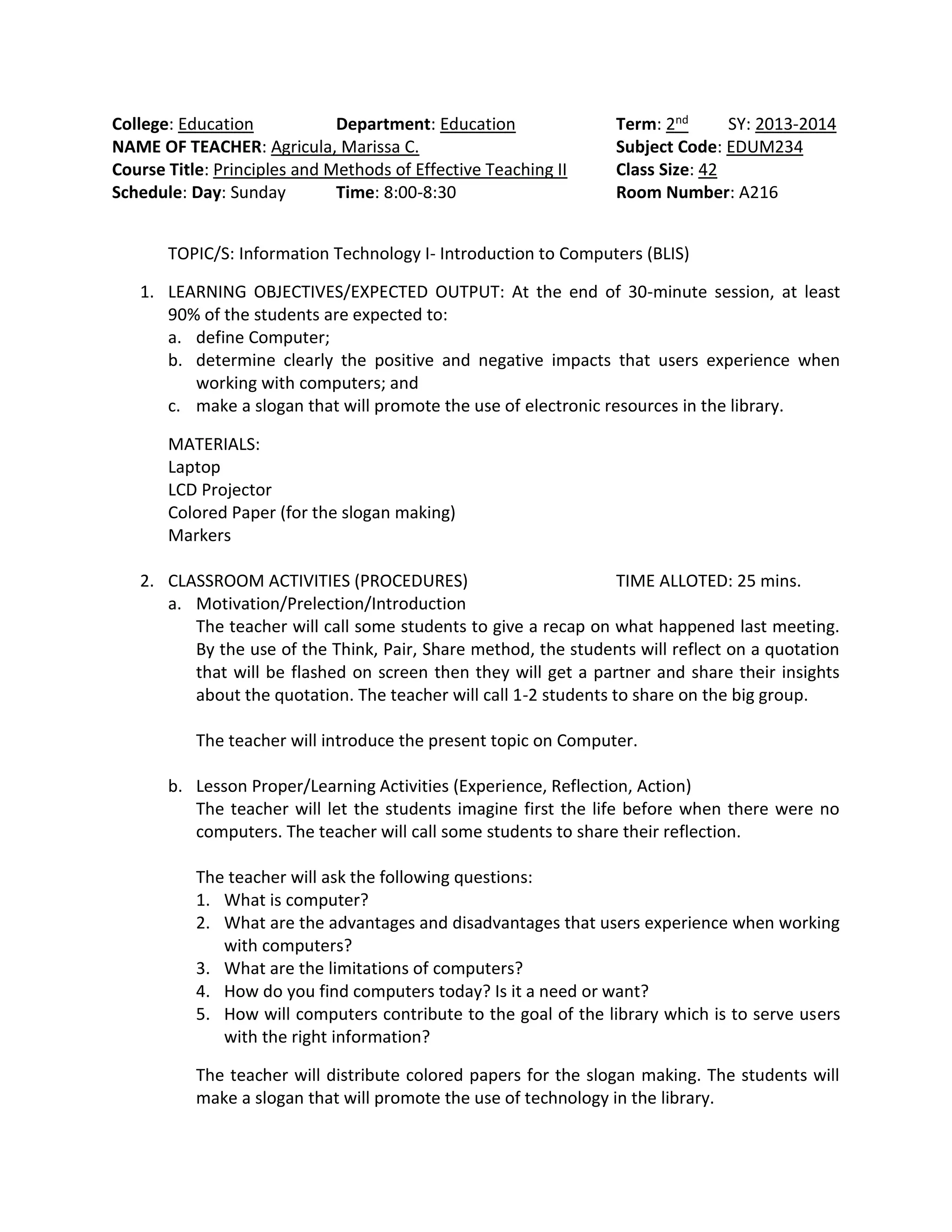 Lesson Plan | DOCX | Homework and Study | Education