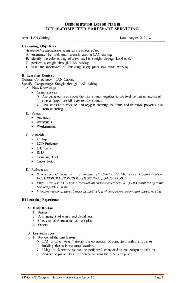 ICT 10 Lesson Plan | DOCX | Computer Peripherals | Computing