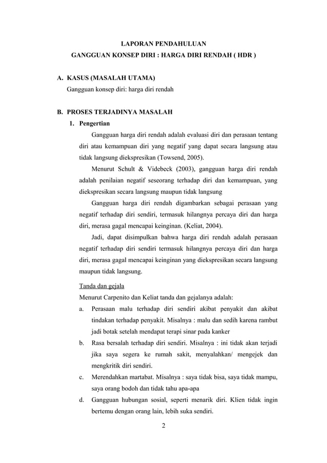 laporan pendahuluan harga diri rendah | DOC