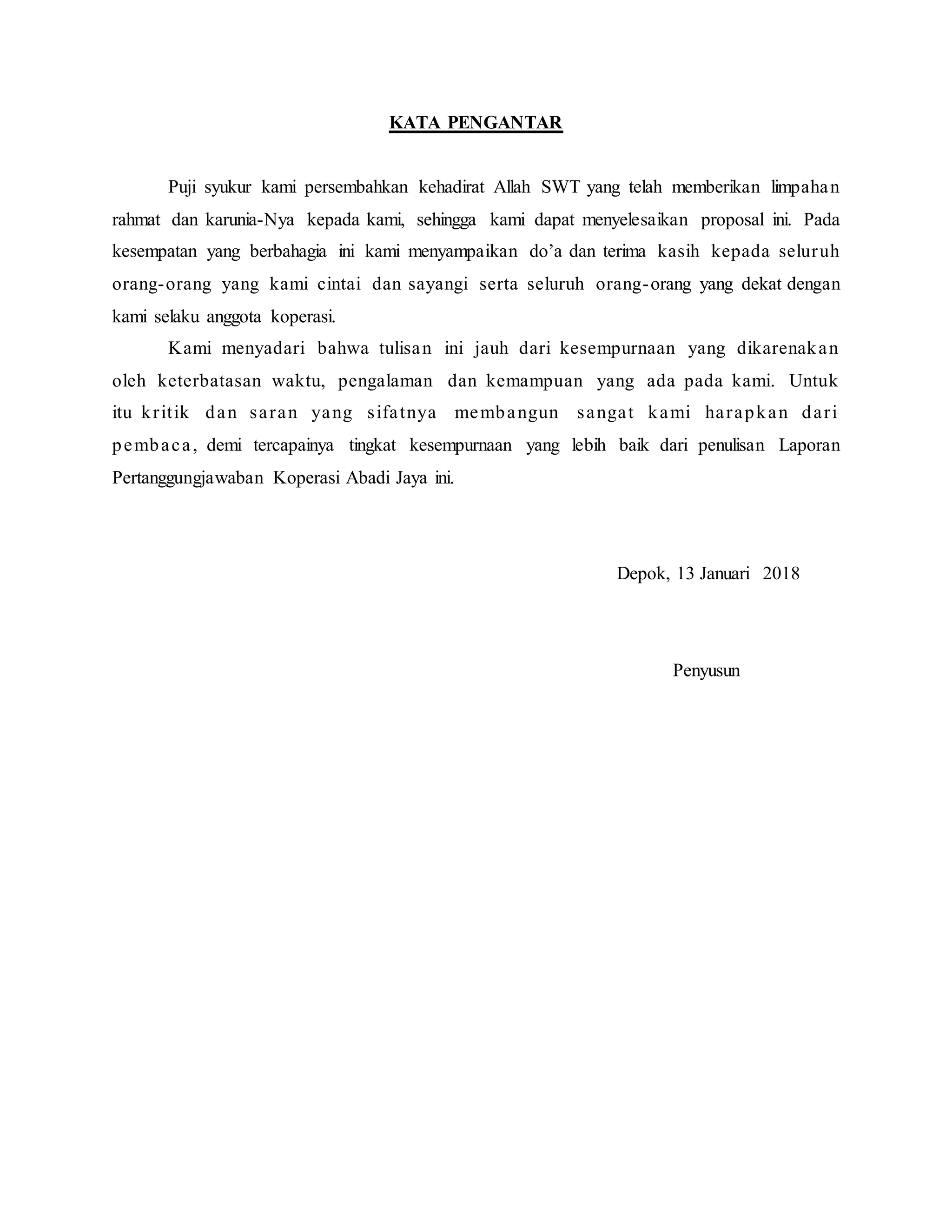 contoh Laporan pertanggung jawaban koperasi kelas ,koperasi abadi jaya | DOCX
