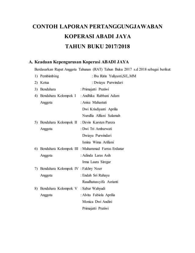 contoh Laporan pertanggung jawaban koperasi kelas ,koperasi abadi jaya | DOCX