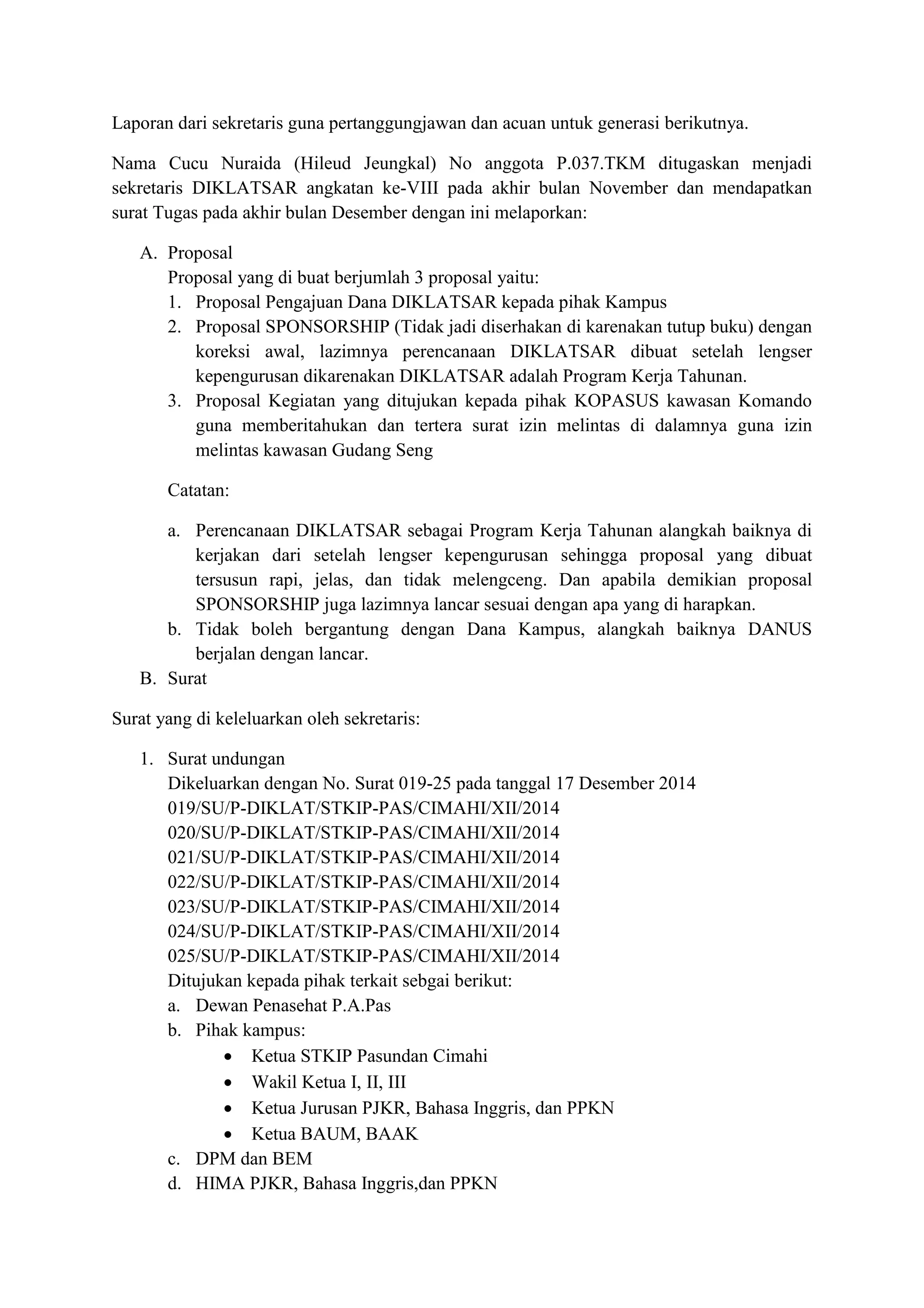 Lpj sekretaris diklatsar | PDF