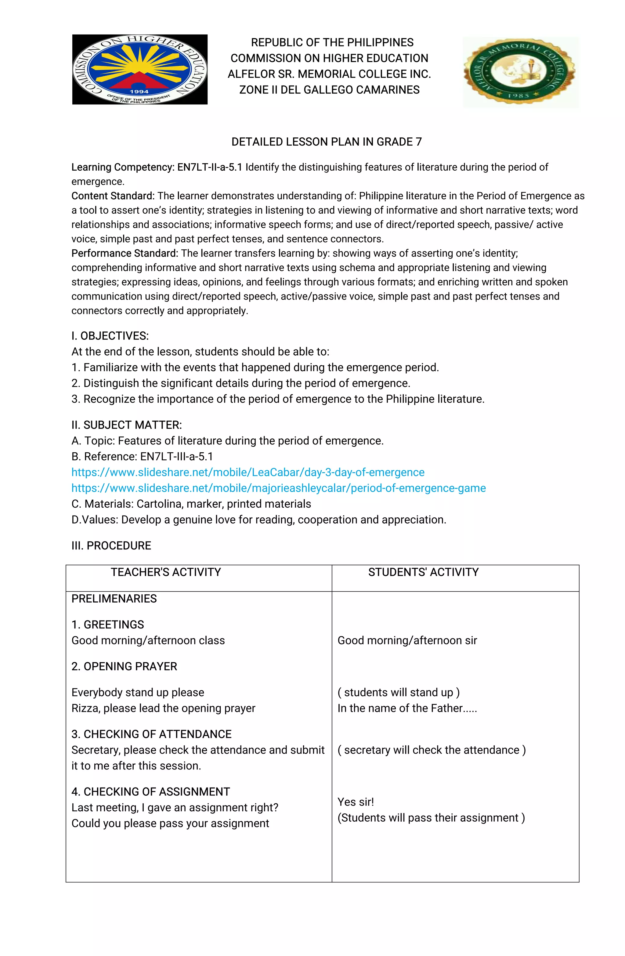 Feature of Literature during the period of emergence Lesson Plan | PDF