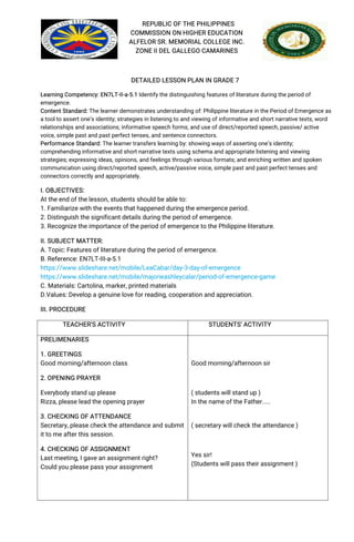 Feature of Literature during the period of emergence Lesson Plan | PDF