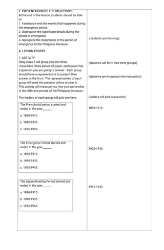 Feature of Literature during the period of emergence Lesson Plan | PDF