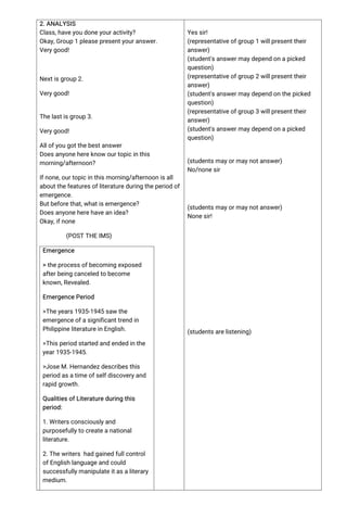 Feature of Literature during the period of emergence Lesson Plan | PDF