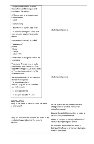 Feature of Literature during the period of emergence Lesson Plan | PDF