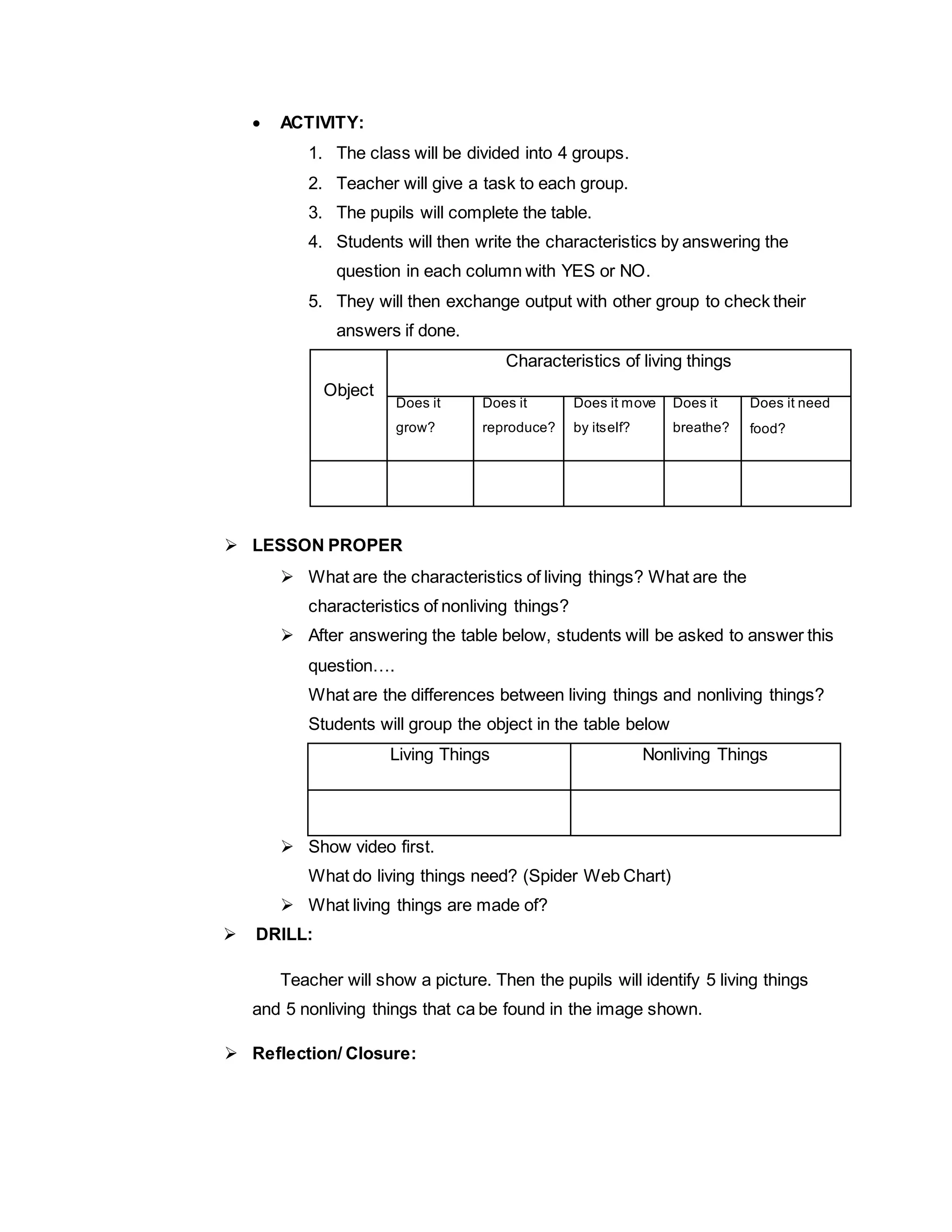 Grade 3 Lesson Plan- Living and Nonliving things | DOCX