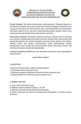 A Detailed Lesson Plan on Active and Passive Voice | PDF