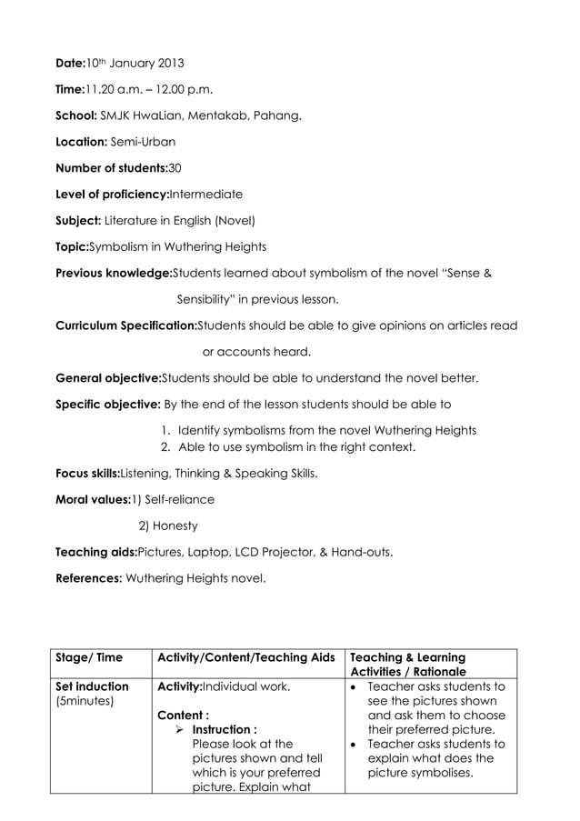 Lesson plan for teaching of symbolism (wuthering Heights) | DOCX ...