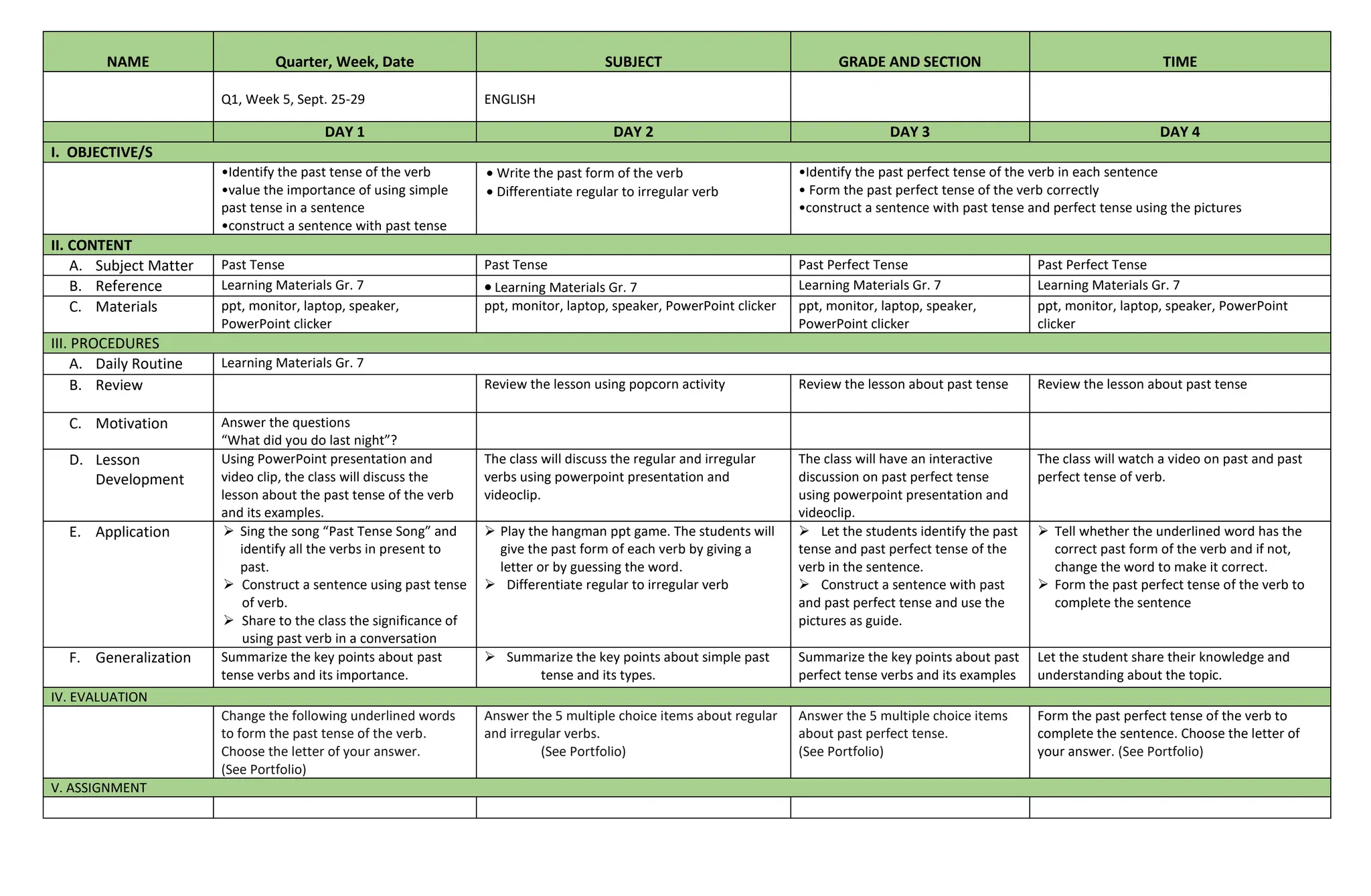 LESSON PLAN Q1 W5 the past tense of the verb | DOCX