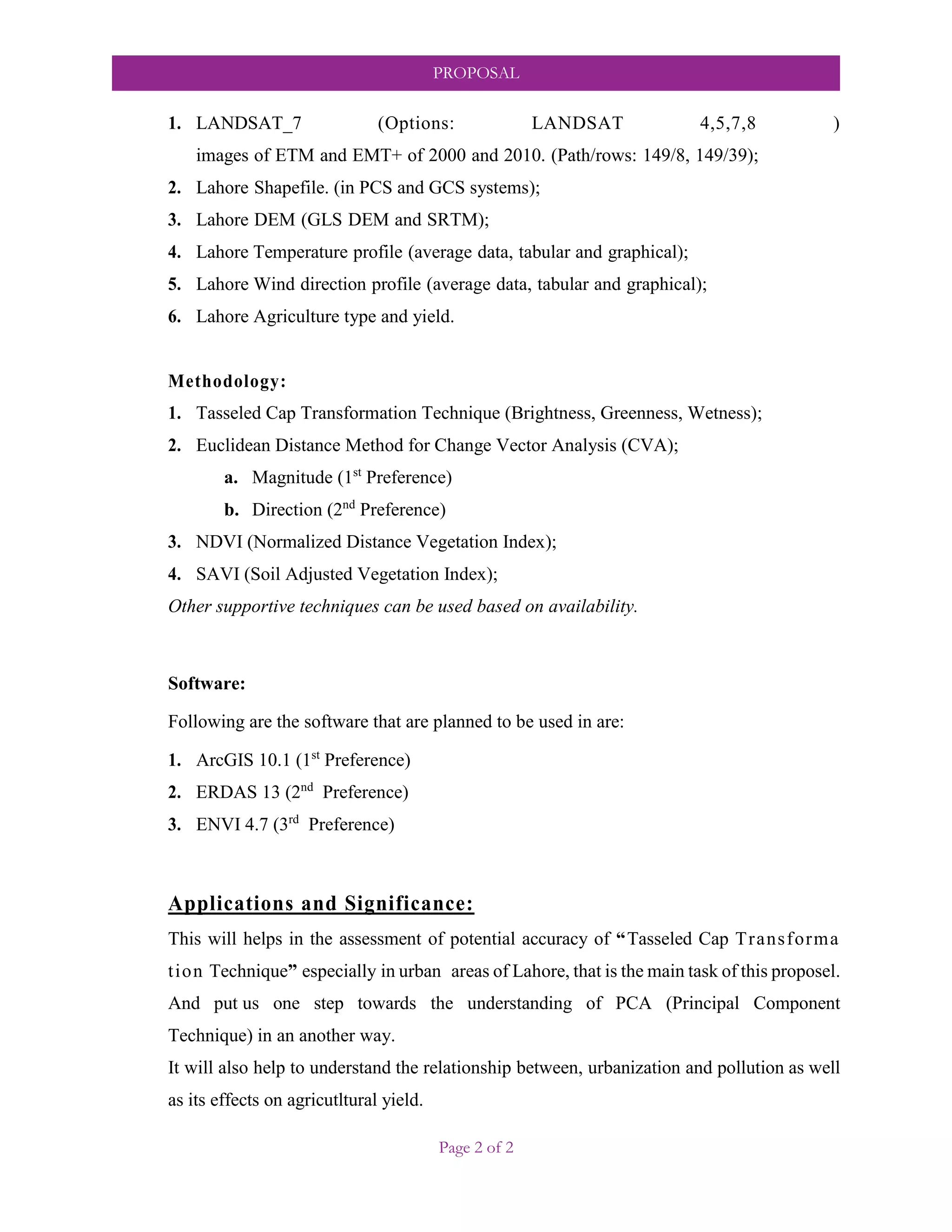 Tasseled Cap Transformation Techniques Proposal 2014 | PDF