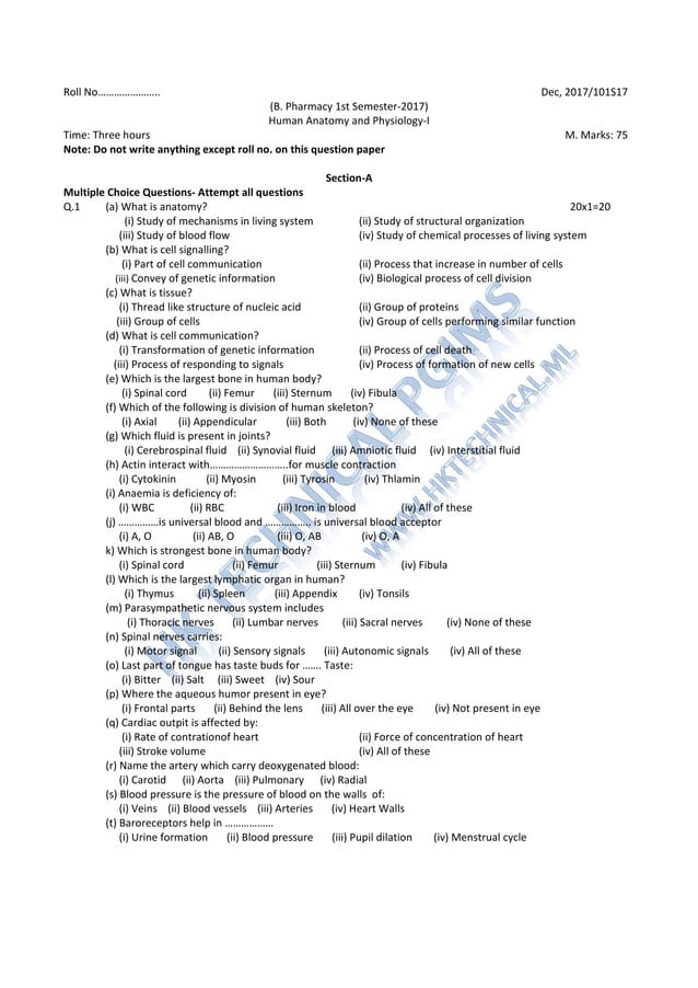 BP101T Human Anatomy and physiology 2017 Previous year's Question ...