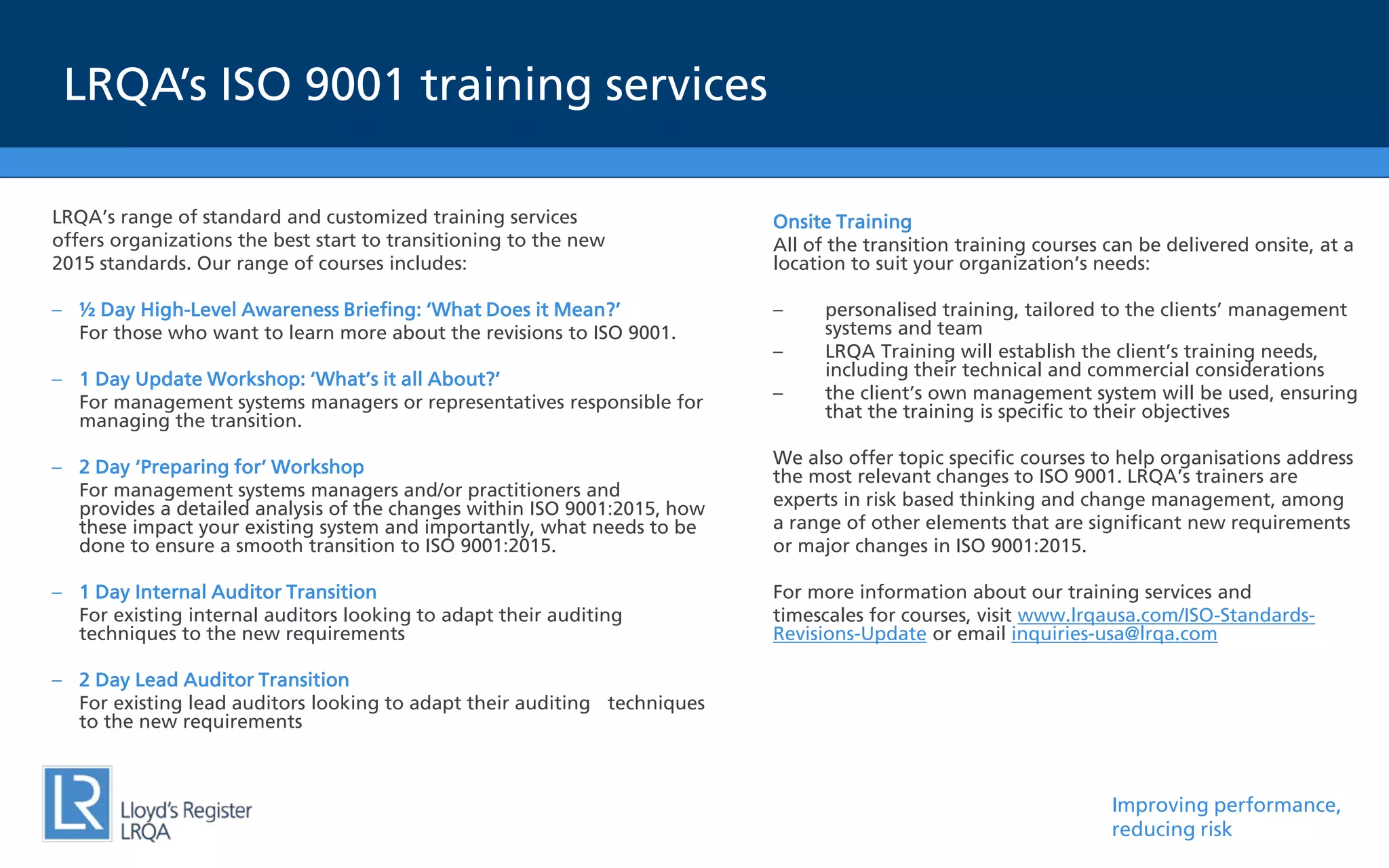 ISO 9001 2015 Transition Certification and Training from LRQA | PDF