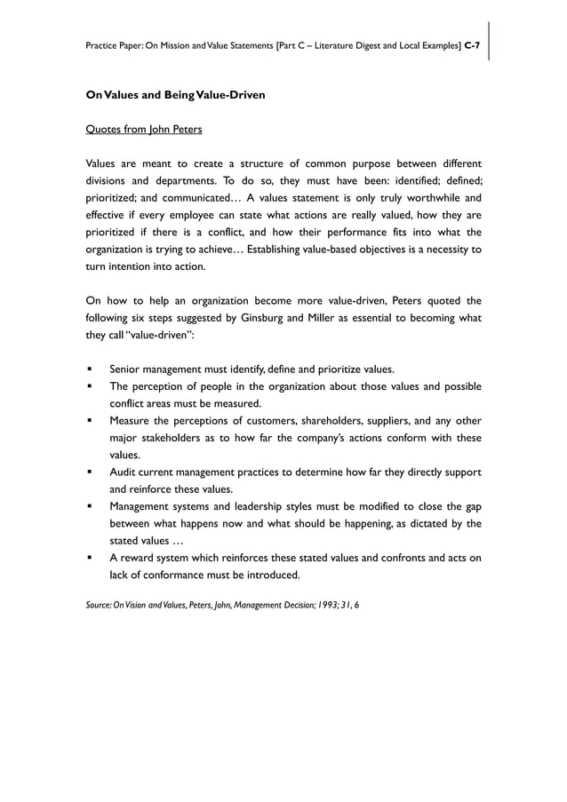 Practice Paper: On Mission, Vision and Value Statements | PDF