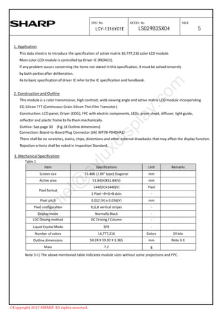 Sharp LS029B3SX04 2.9 Inch 1440xRGBx1440 LCD For AR VR | PDF