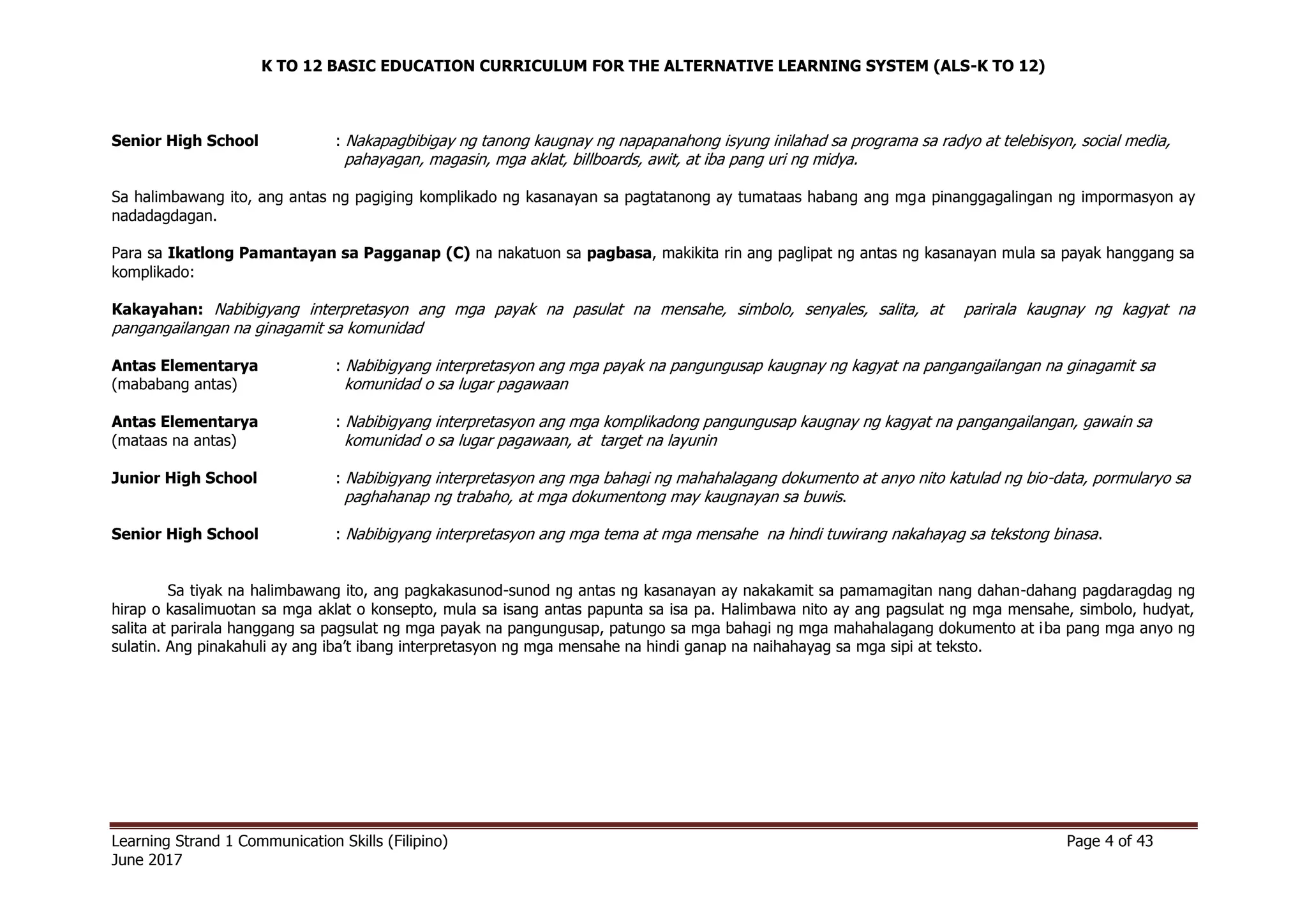 Curriculum Guide on ALS K12 LS 1 Communication Skills (Filipino) | PDF