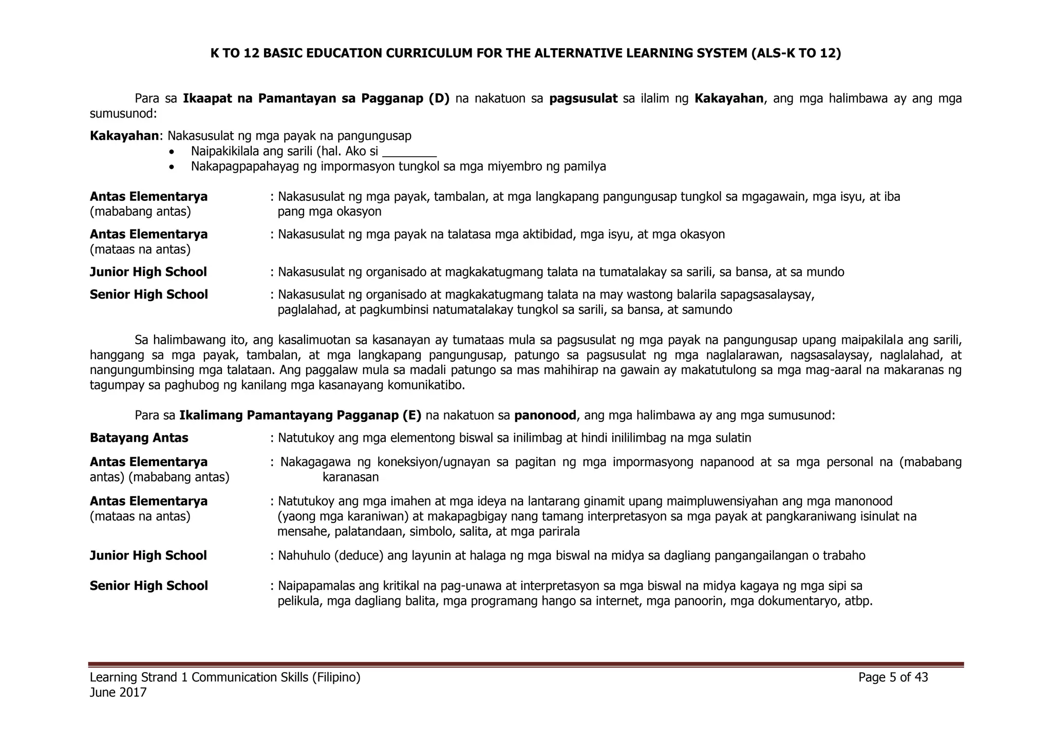 Curriculum Guide on ALS K12 LS 1 Communication Skills (Filipino) | PDF