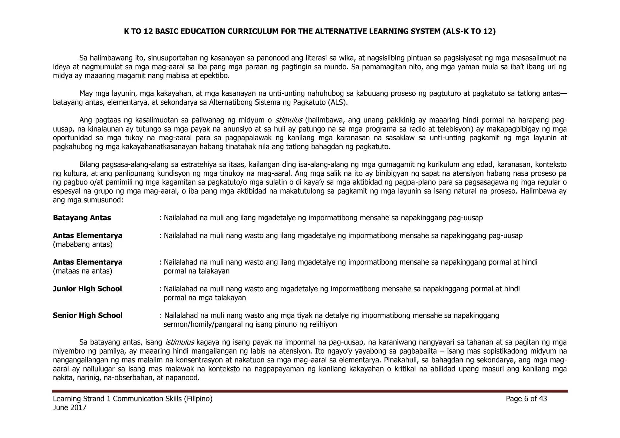 Curriculum Guide on ALS K12 LS 1 Communication Skills (Filipino) | PDF