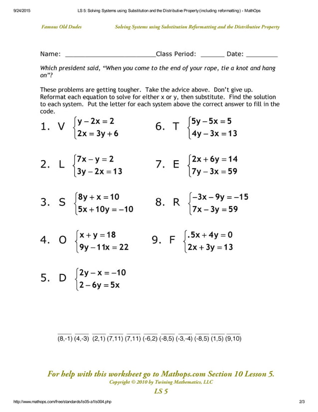 Ls 5 solving systems using substitution and the distributive property (including reformatting ...