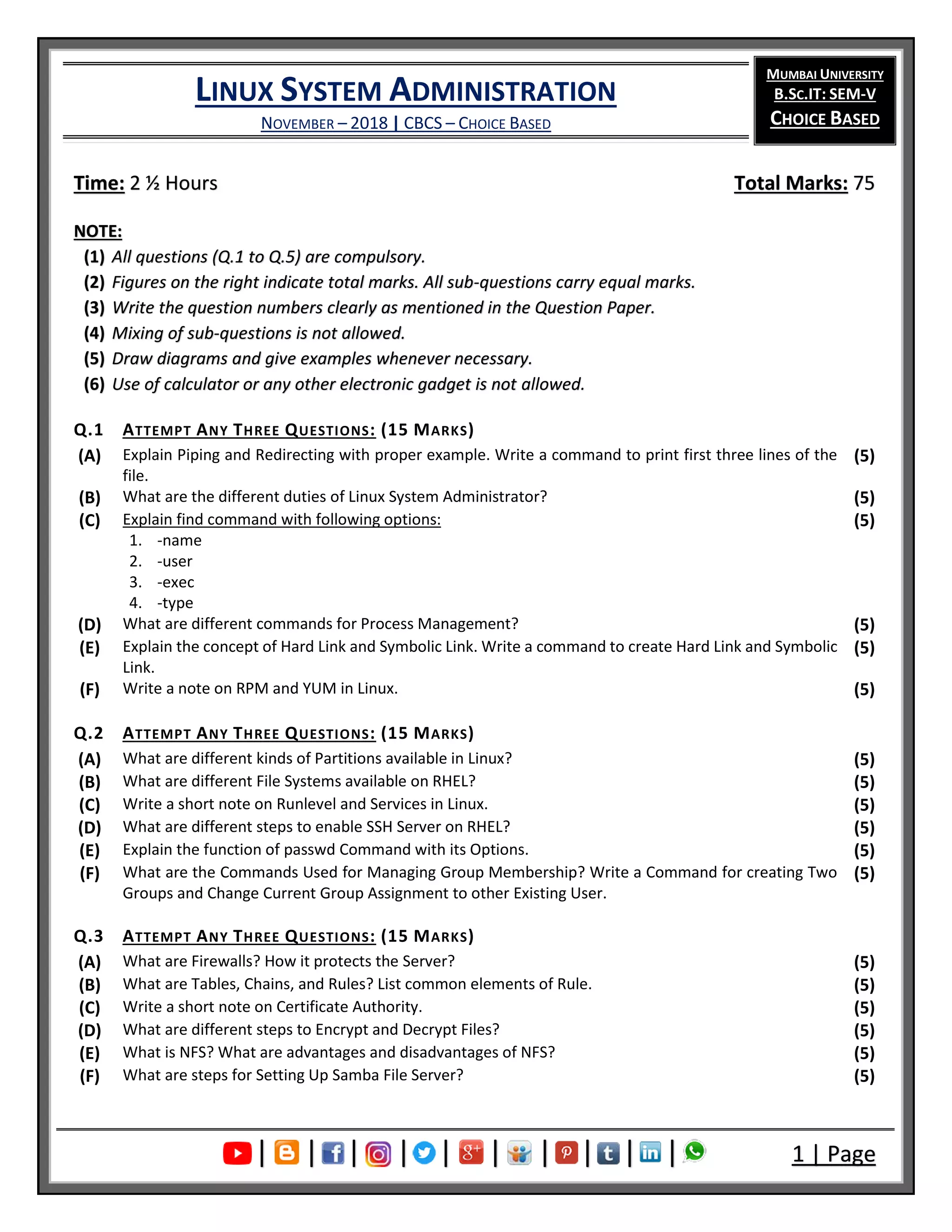 Linux System Administration (November – 2018) [Choice Based | Question Paper] | PDF