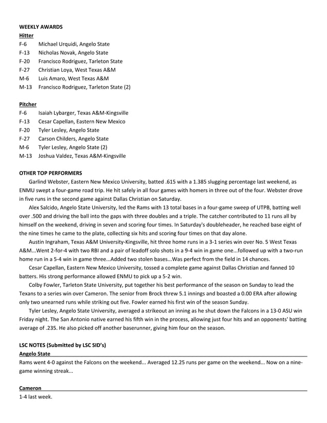 Lone Star Conference Baseball Weekly Release (03/13/18) | PDF