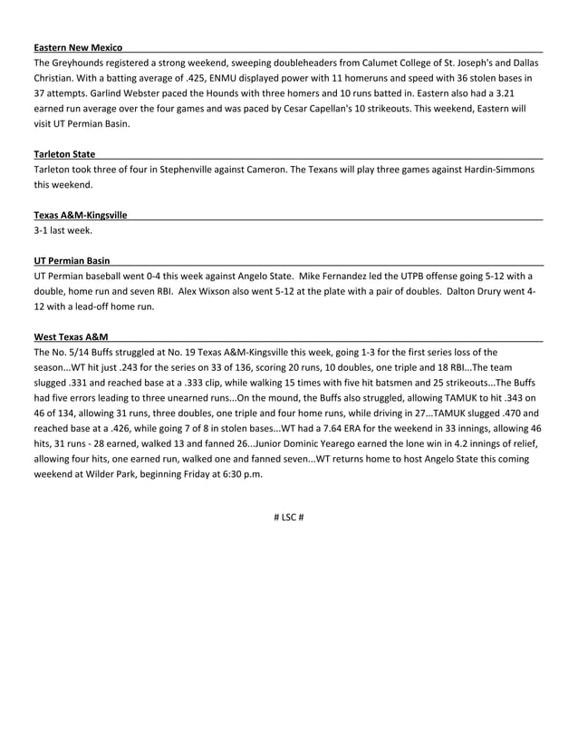 Lone Star Conference Baseball Weekly Release (03/13/18) | PDF