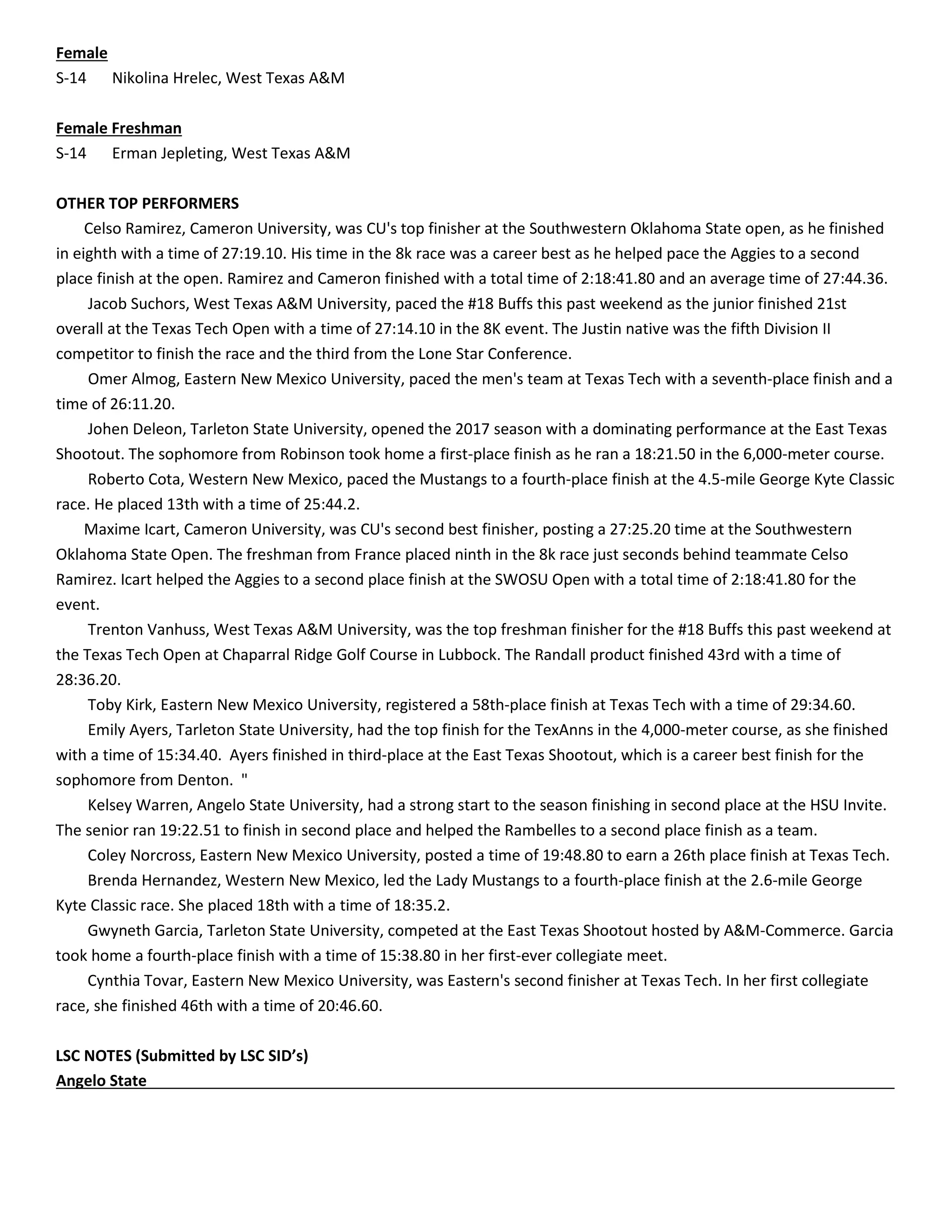 Lone Star Conference Cross Country Weekly Release (09/14/17) | PDF