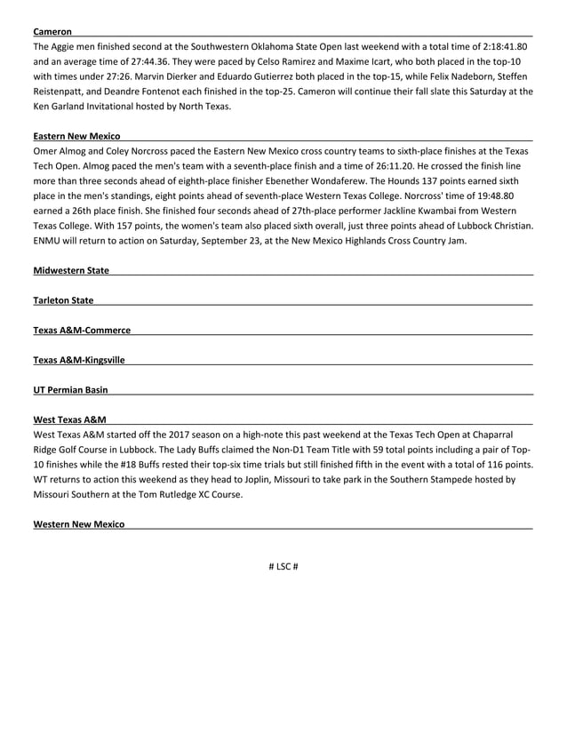 Lone Star Conference Cross Country Weekly Release (09/14/17) | PDF