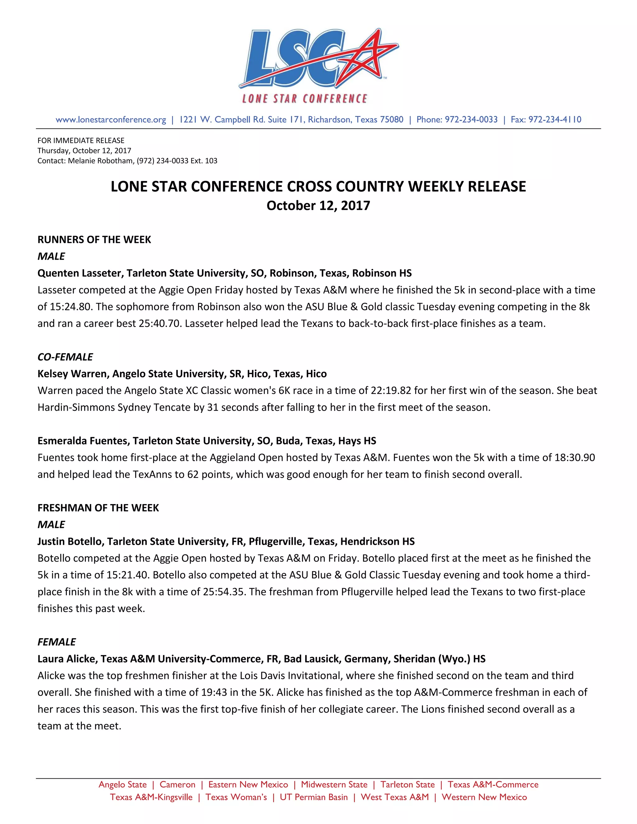 Lone Star Conference Cross Country Weekly Release (10/12/17) | PDF