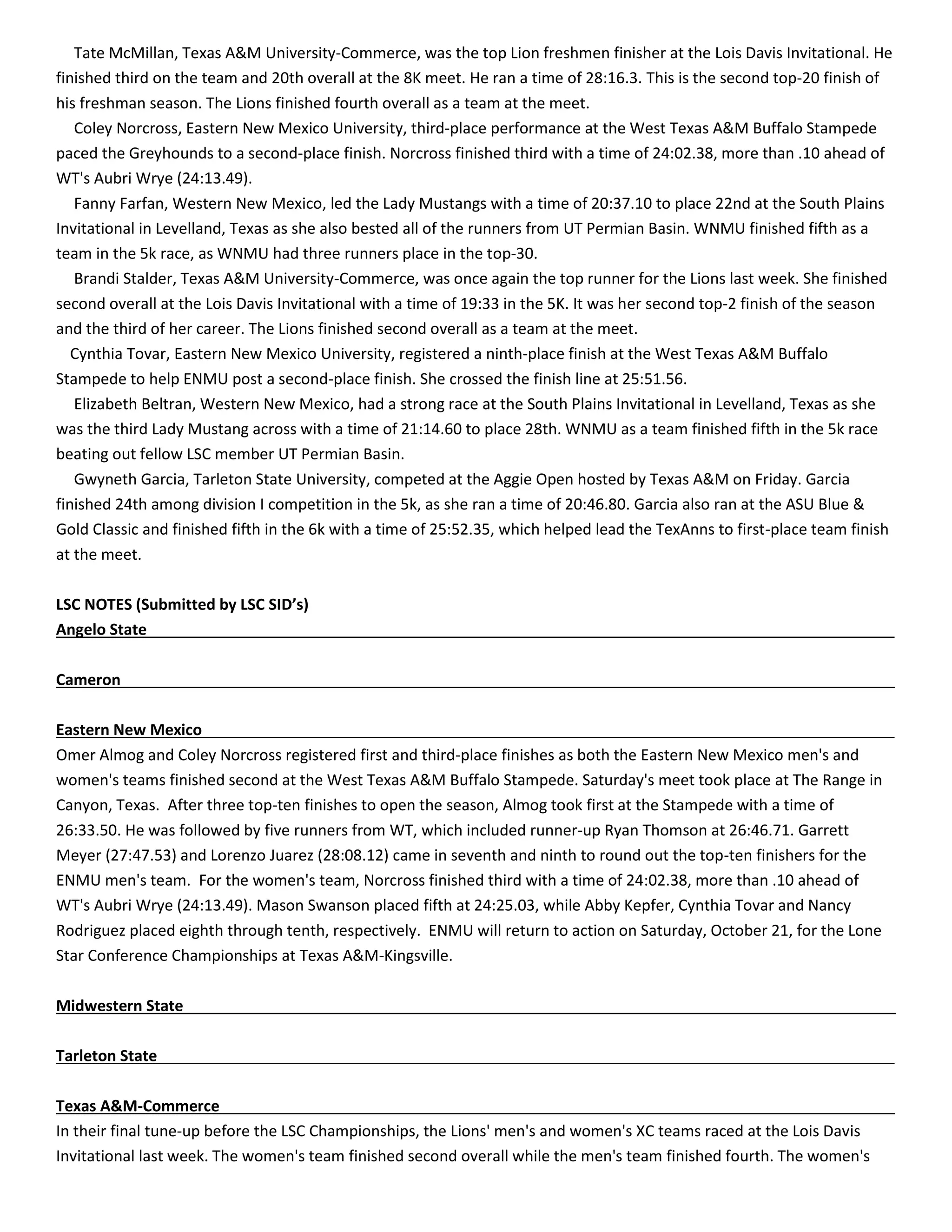 Lone Star Conference Cross Country Weekly Release (10/12/17) | PDF