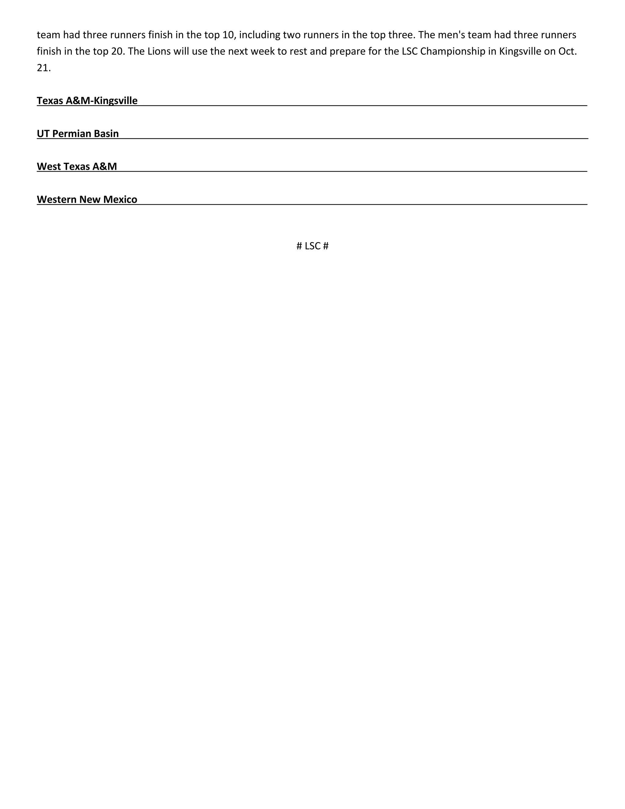 Lone Star Conference Cross Country Weekly Release (10/12/17) | PDF