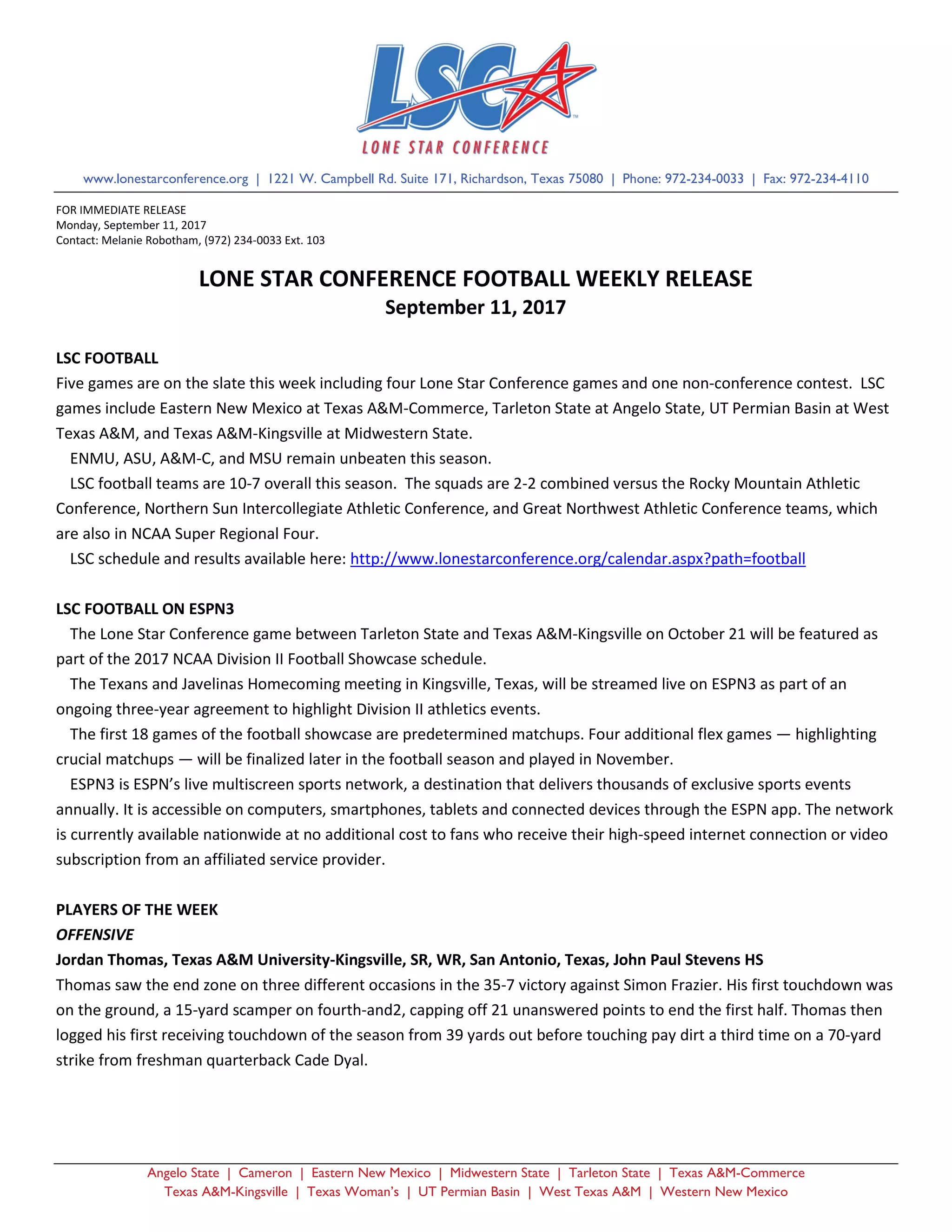 Lone Star Conference Football Weekly Release (09/11/17) | PDF