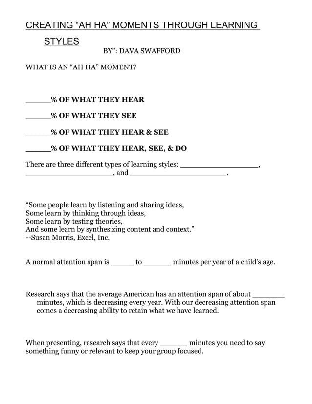 Creating "Ah Ha" Moments Through Learning Styles | DOC