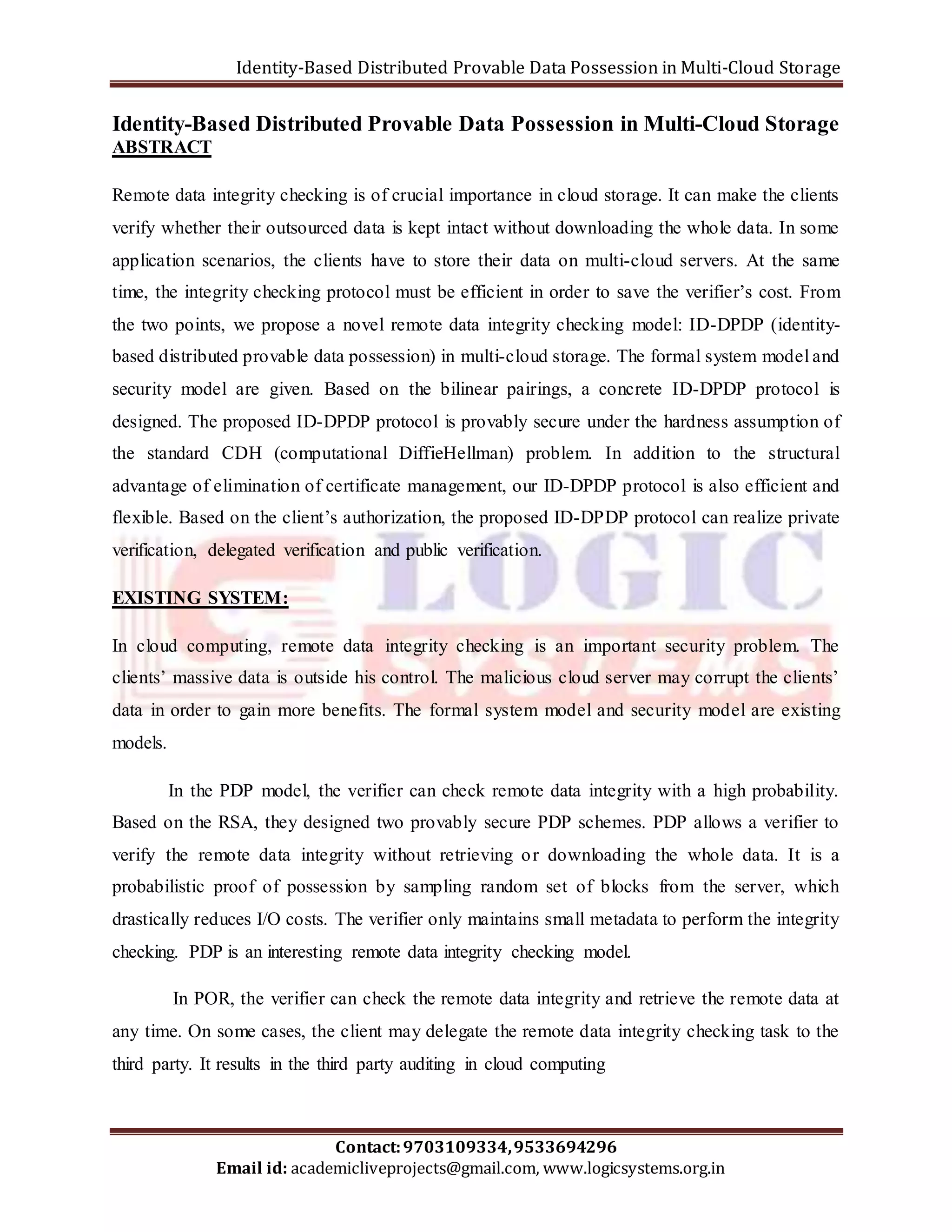 Identity Based Distributed Provable Data Possession In Multi Cloud