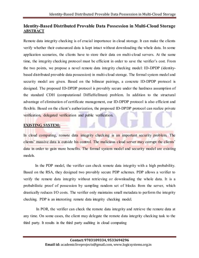 Identity Based Distributed Provable Data Possession In Multi Cloud