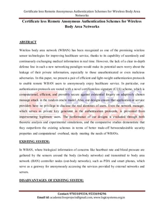 certificate less remote anonymous authentication schemes for wireless body area networks | PDF